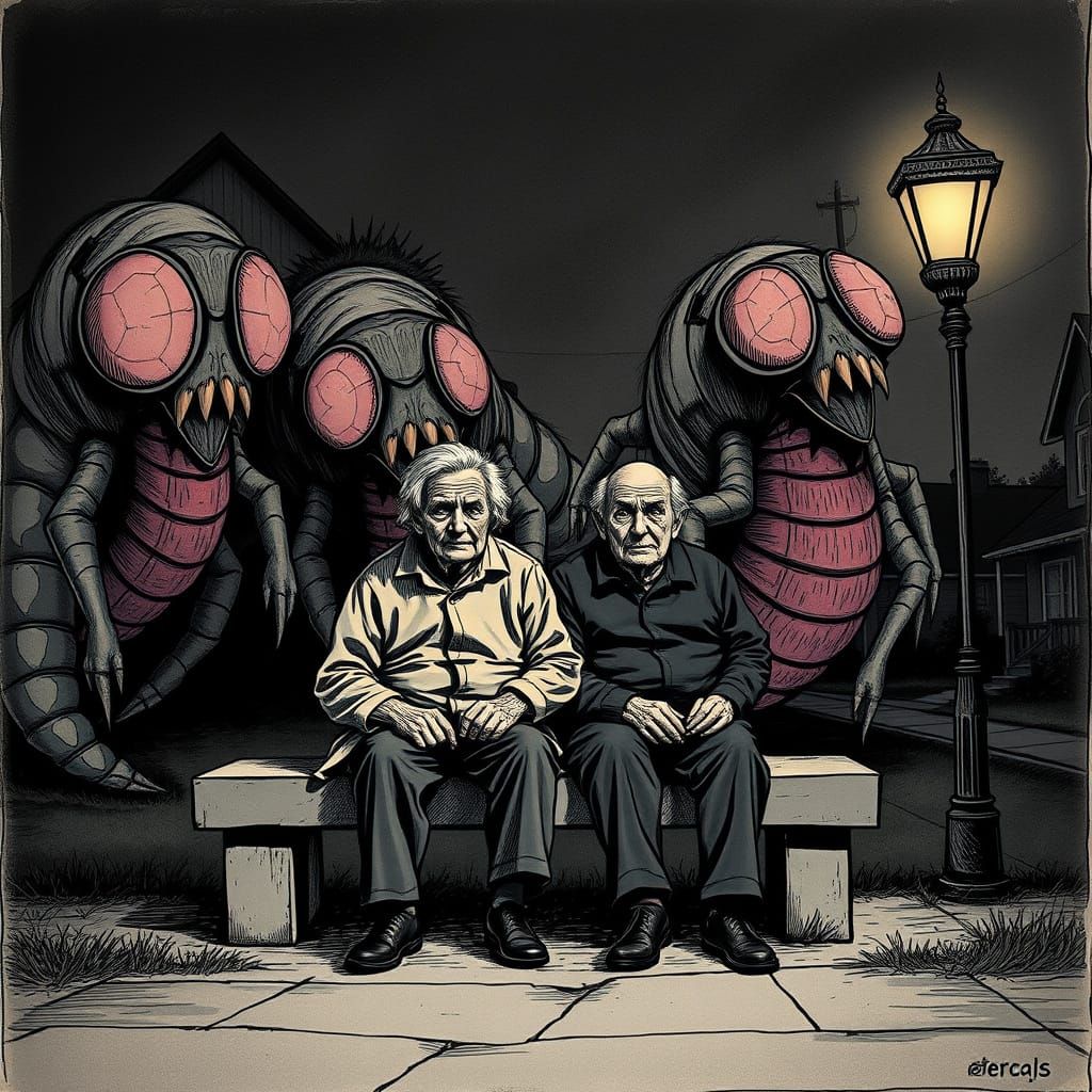 create photo of an old realistic couple in a dark dramatic cross ...