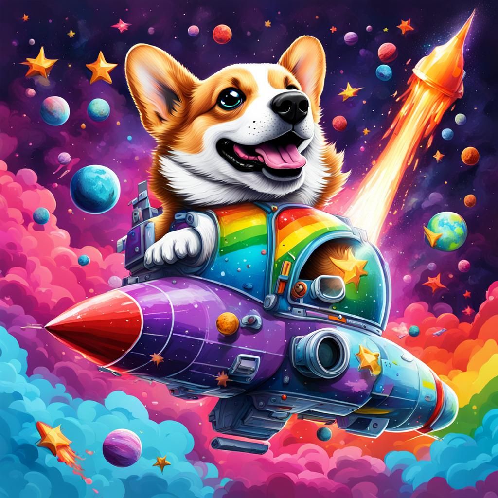 a rainbow corgi flying a rocket in outer space - AI Generated Artwork - NightCafe Creator