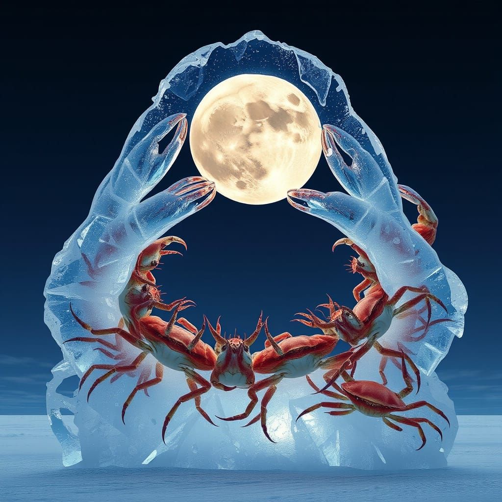 Hyper-Realistic Ice Sculpture of Crabs and the Moo... - AI Art