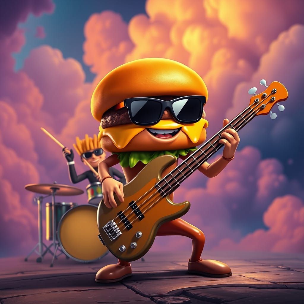 Cartoon Double Cheeseburger Rock Band in Vibrant U... - AI Art