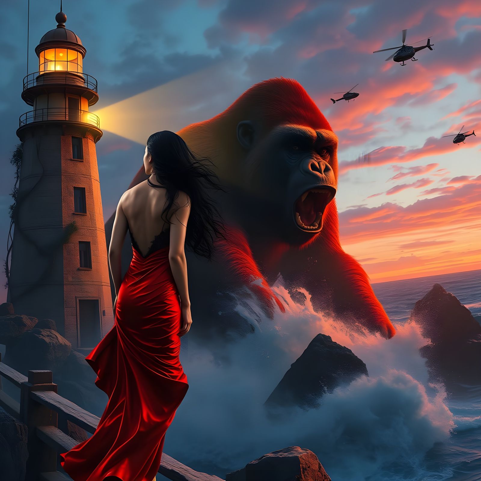 Ethereal Beast Dominates Lighthouse in Dramatic Su... - AI Art