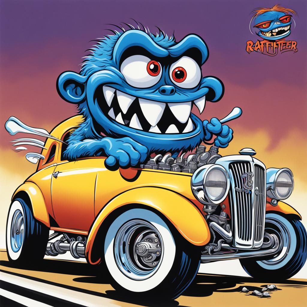 Ed roth illustration, ratfink blue monster, sharp teeth, bulging eyes ...