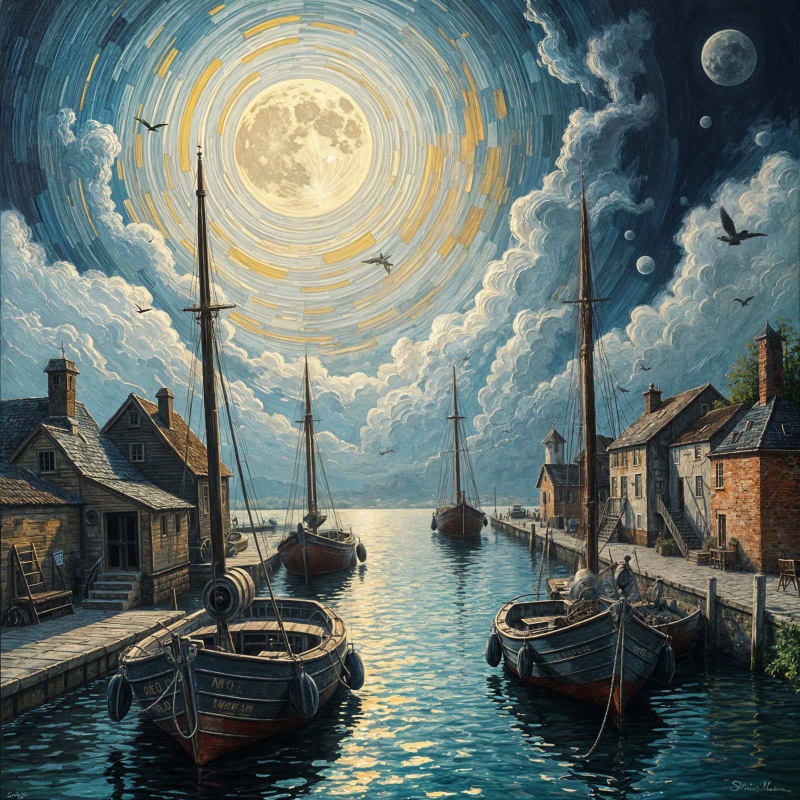 Acrylic neo impressionist inspired oil painting on A full moon night silvery gleam magical ...