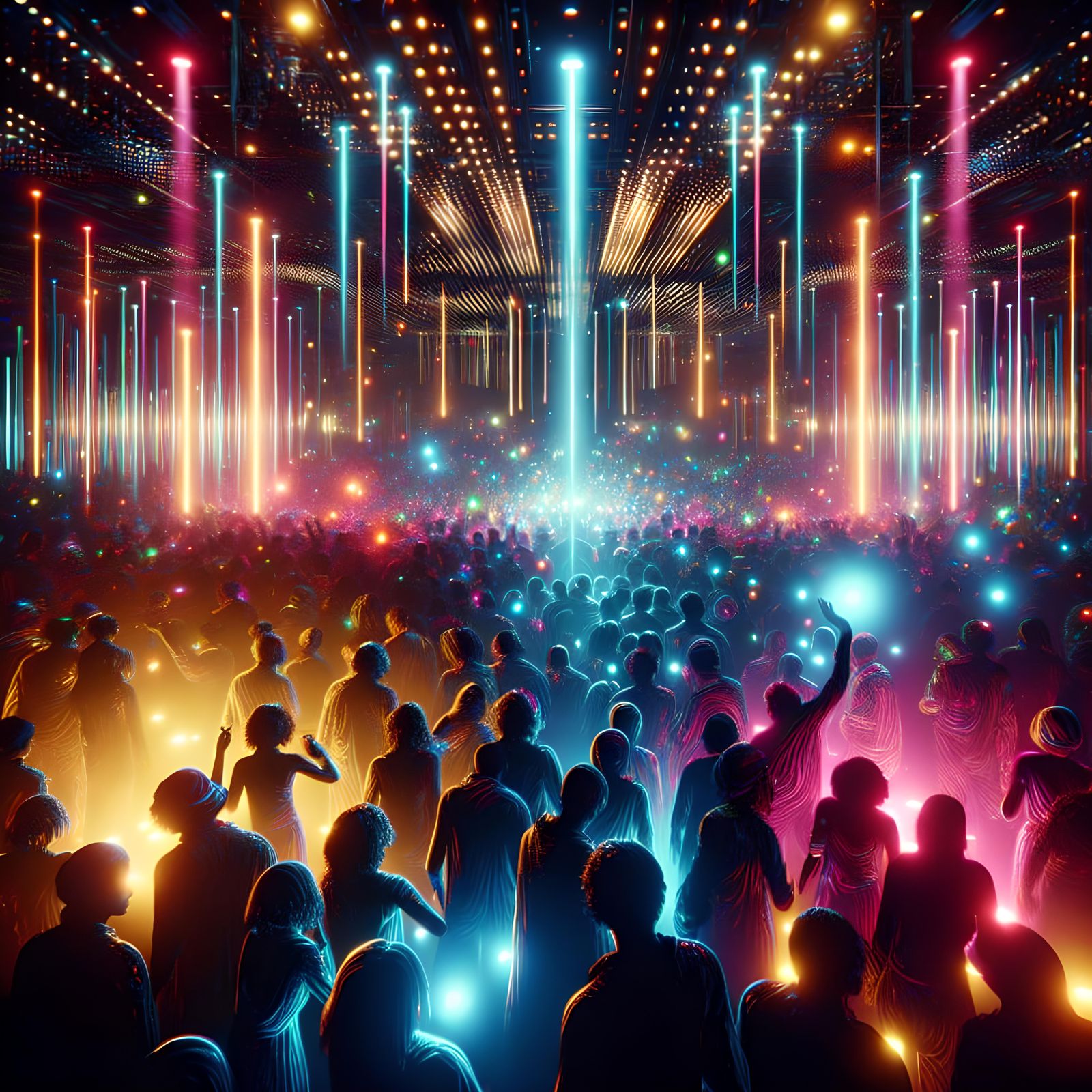 Draw up a scene of a crowded rave full of black lights then inverse all ...