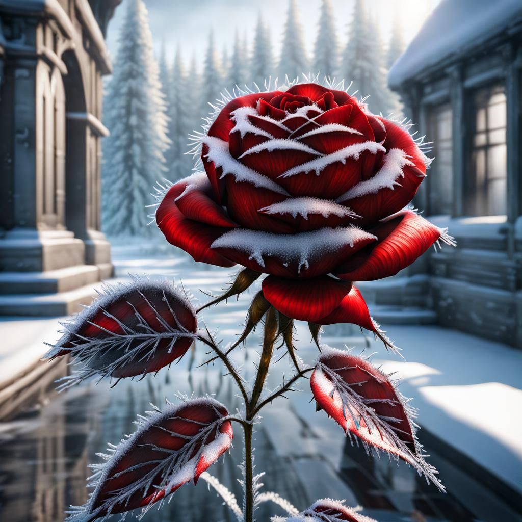Red Winter rose with ice needles from hoarfrost - AI Generated Artwork ...