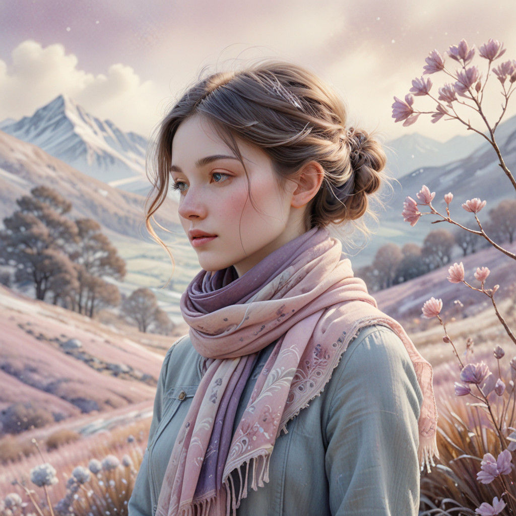 Young Girl's Enchanted Profile, Wrapped in Whimsy - AI Art