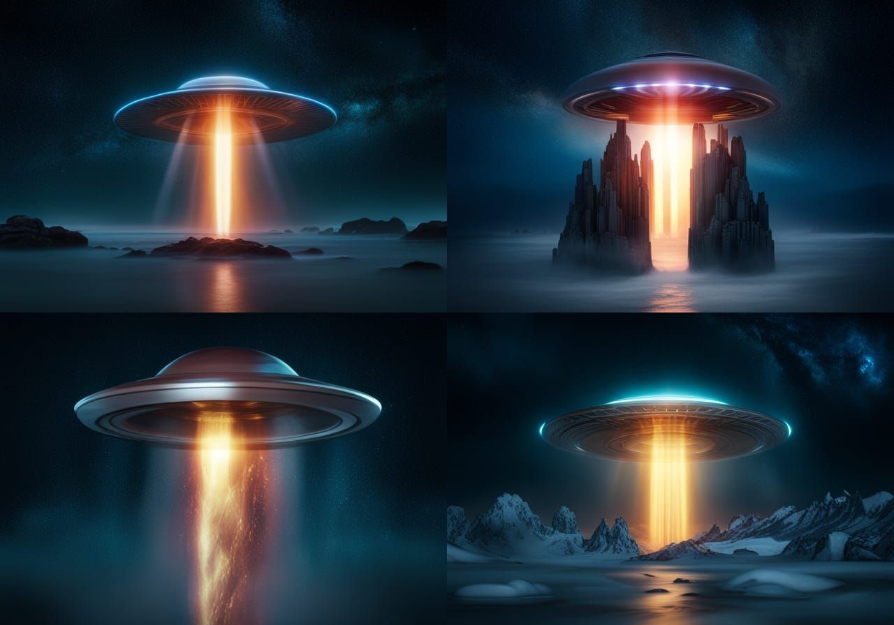 UFO with light beam detailed matte painting, deep color, fantastical ...