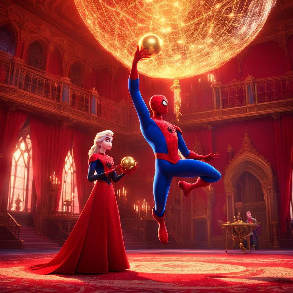 Spider-Man gives a golden orb to the Disney Princess Elsa inside a red ...