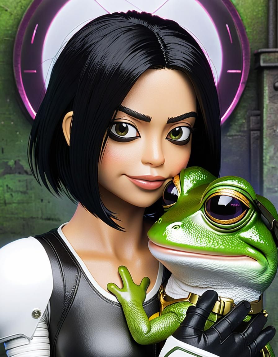 Pepe the frog saying hello to Battle Angel Alita - AI Generated Artwork ...