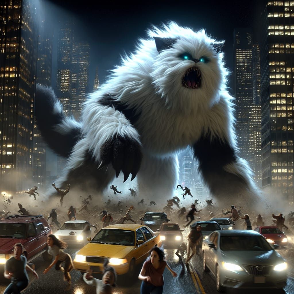 A towering giant obese fluffy white and black Catzilla monster ...