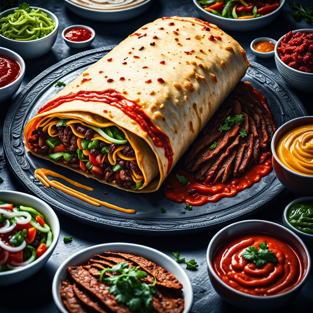 a giant burrito with all kinds of sauces and meats in it, it looks ...