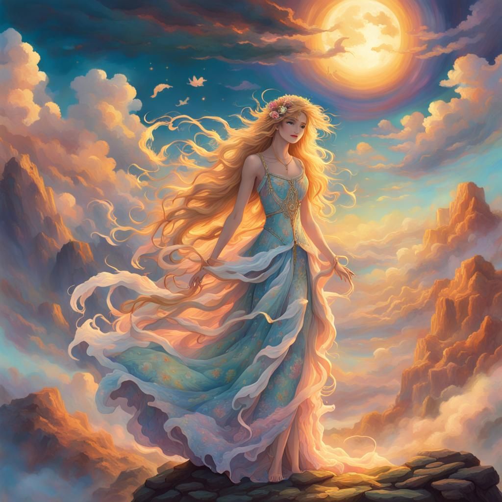 a cascading blazing flower pattern dress worn by a Nymph in the clouds ...