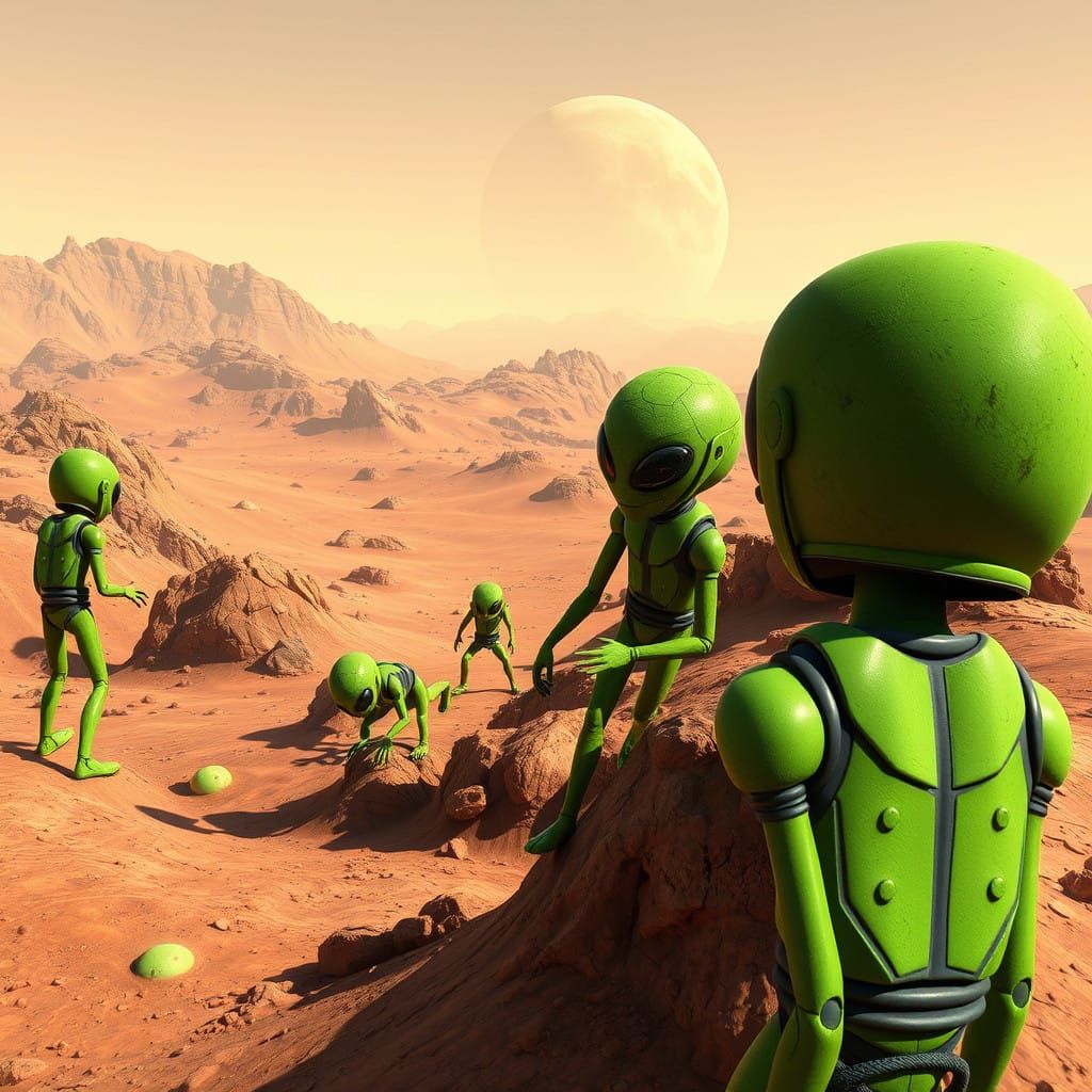 green Martians . Views of Mars surface outside. low resolution game ...