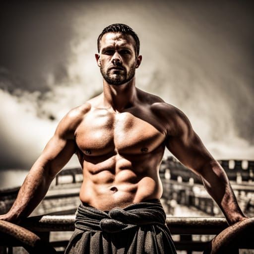 close up photo of a strong and beefy Roman gladiator 33 years old ...