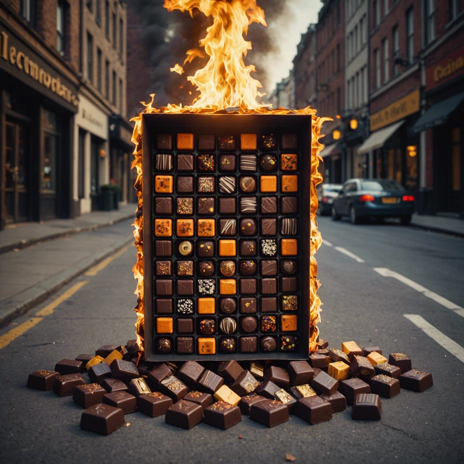 A large box of assorted chocolates catching fire in the street. - AI ...