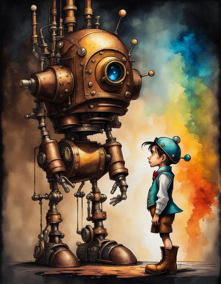 "Steampunk_Pinocchio_Stands_Looking_At_A_Robot." ; textured Speedpaint ...