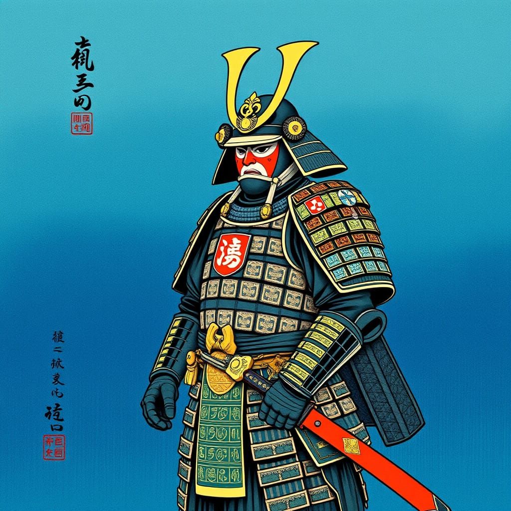Old English lithograph of a samurai, art style by Utagawa Kunisada,