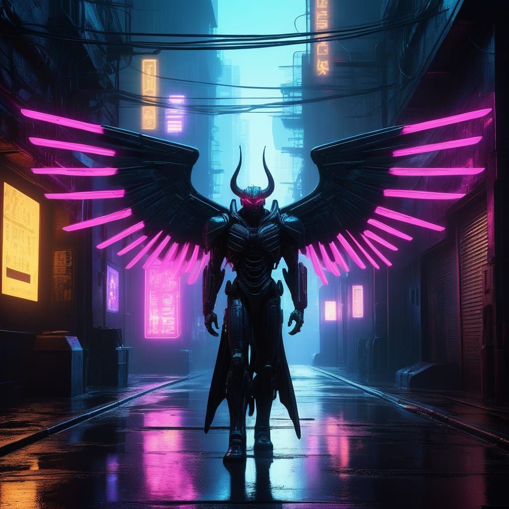 Futuristic Demon with medal wings - Cyberpunk Demon with Shi...
