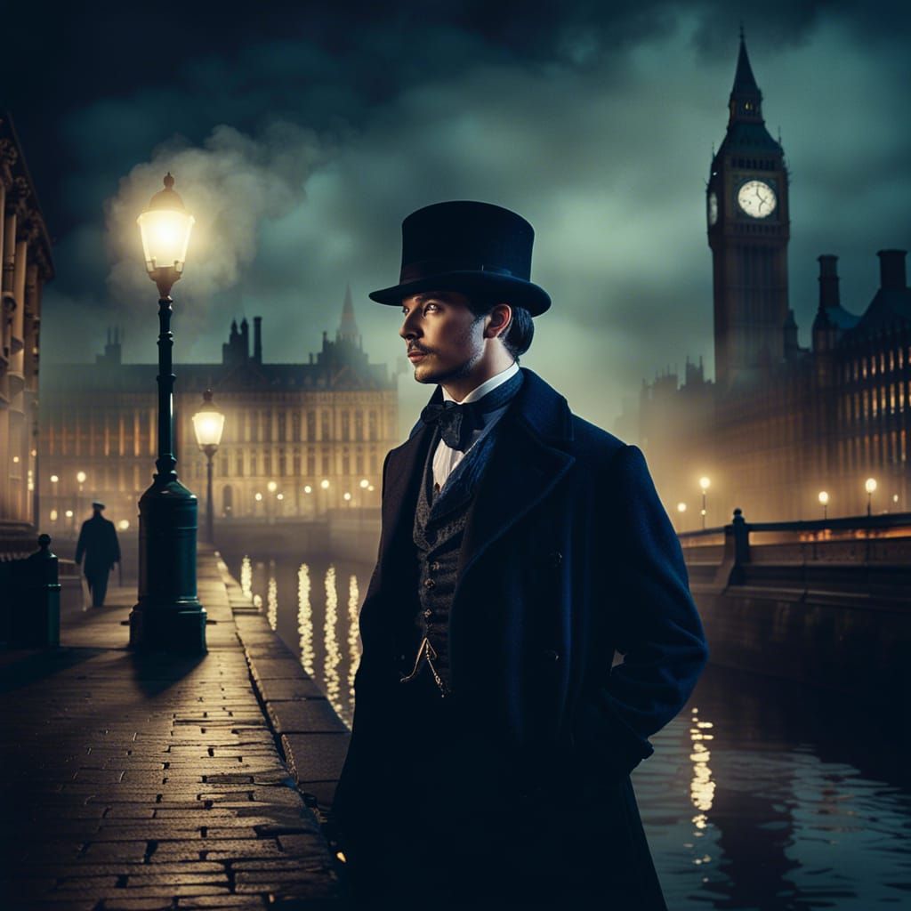 Back vision of a handsome young Victorian gentleman with a hat ...