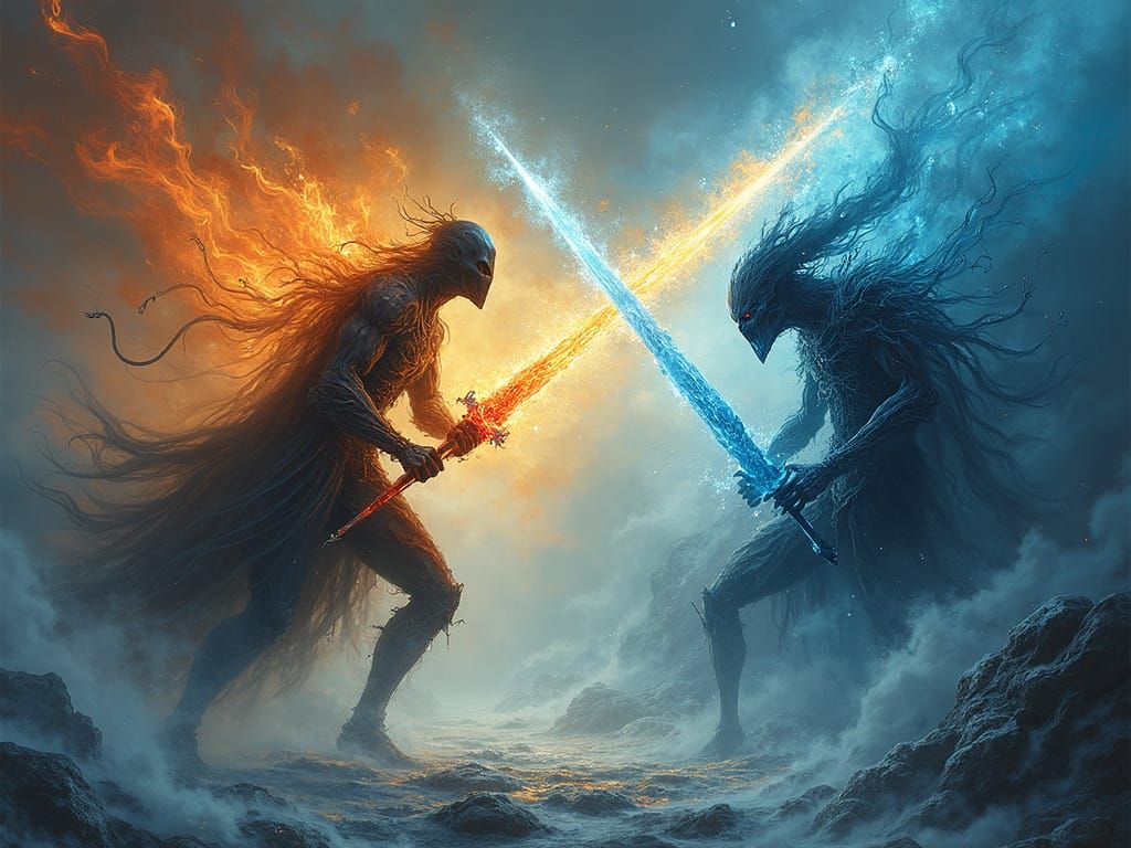 Flaming Swords Clash with Icy Blades in a Surreal ... - AI Art