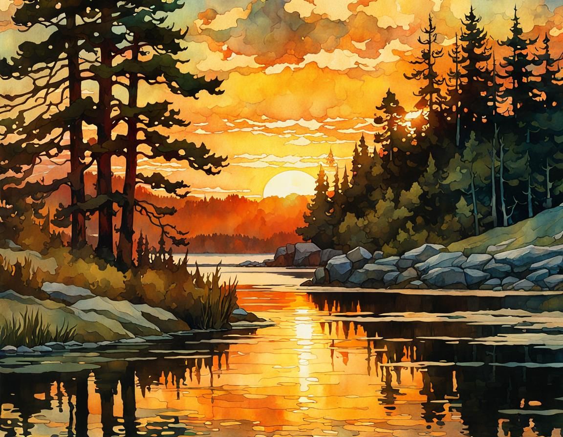 Digital watercolor Illustration of a summerscape sunrise over the lake ...