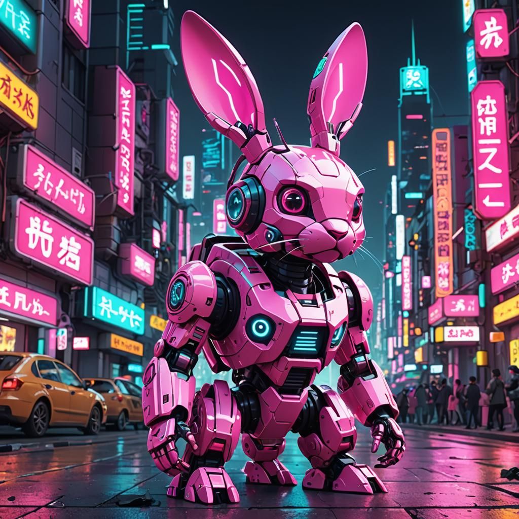 pink Robo-Cyborg bunny cute pet in a retro-futuristic neon city, retro ...