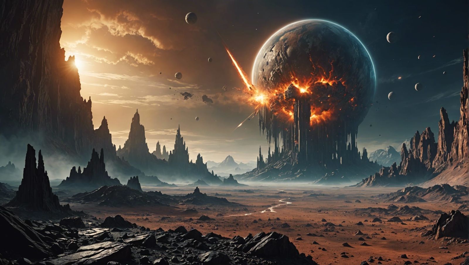 meteor impact on a alien planet, Epic cinematic brilliant stunning intricate meticulously ...