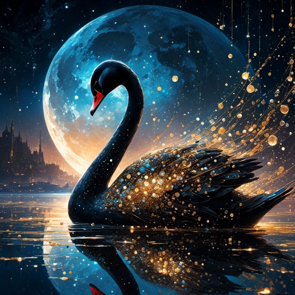 majestic black swan made as crystal sparkling constellation facing the ...