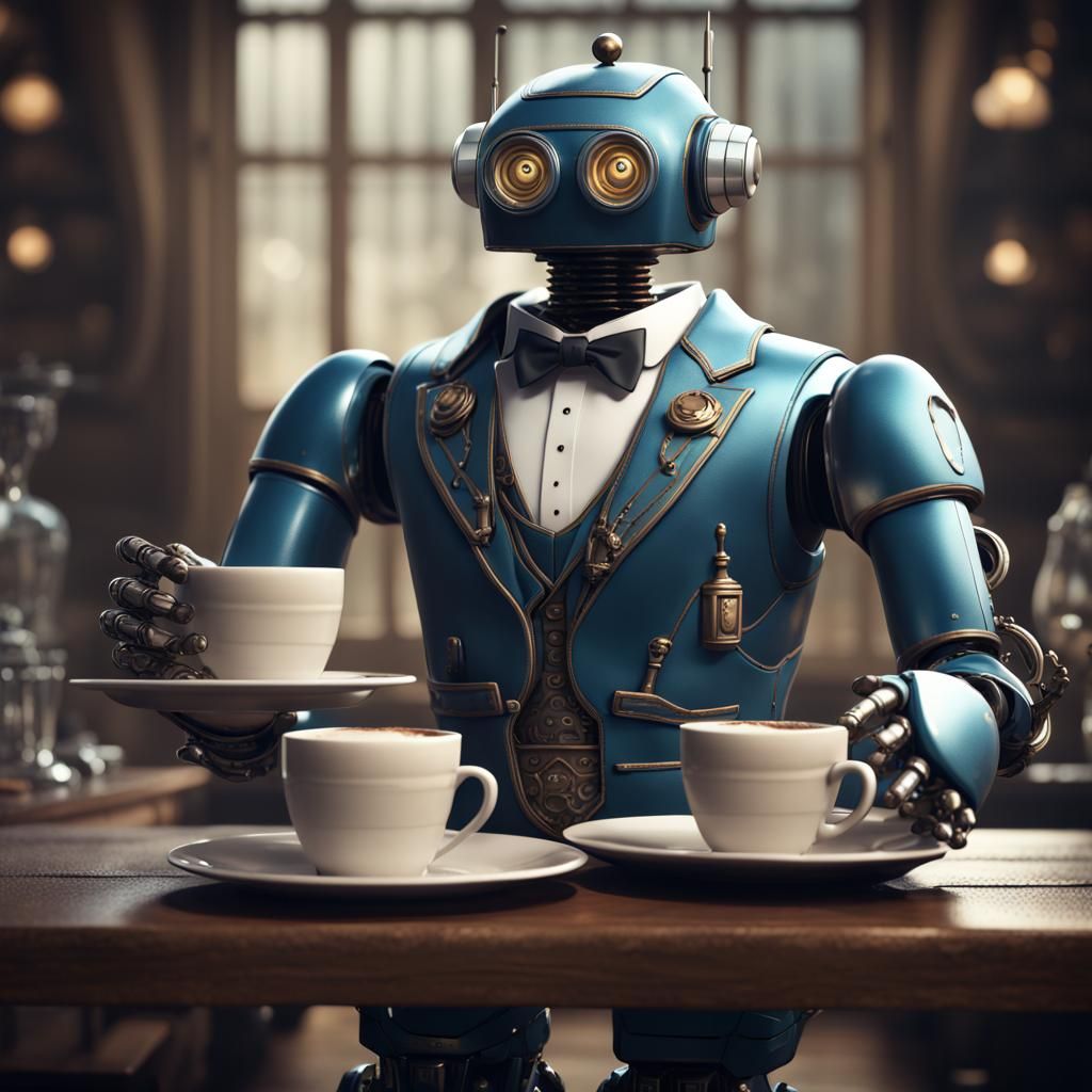 Robot wearing a butler uniform, carrying a server tray with ceramic ...