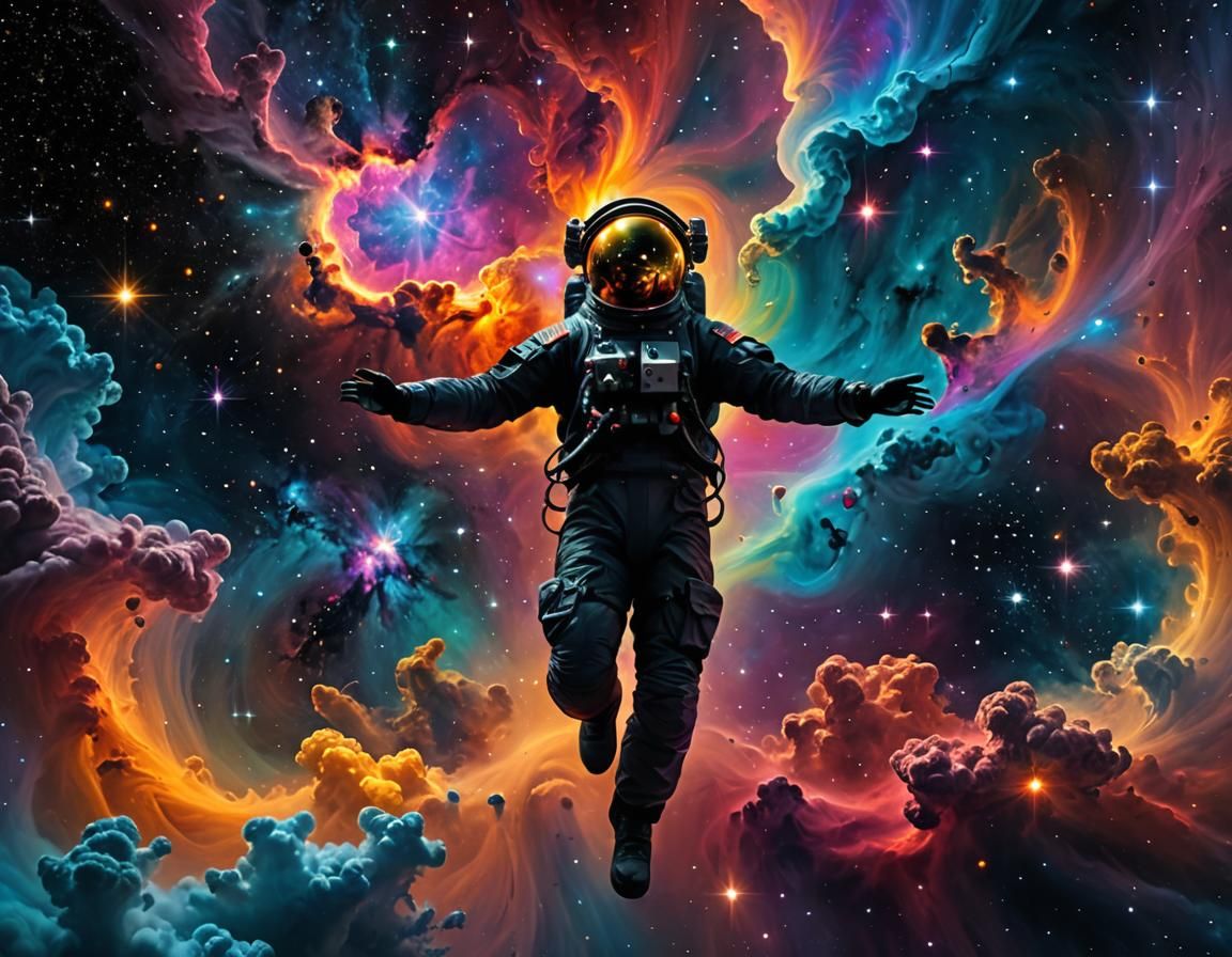 The vastness of outer space filled with colourful nebulae, a human ...