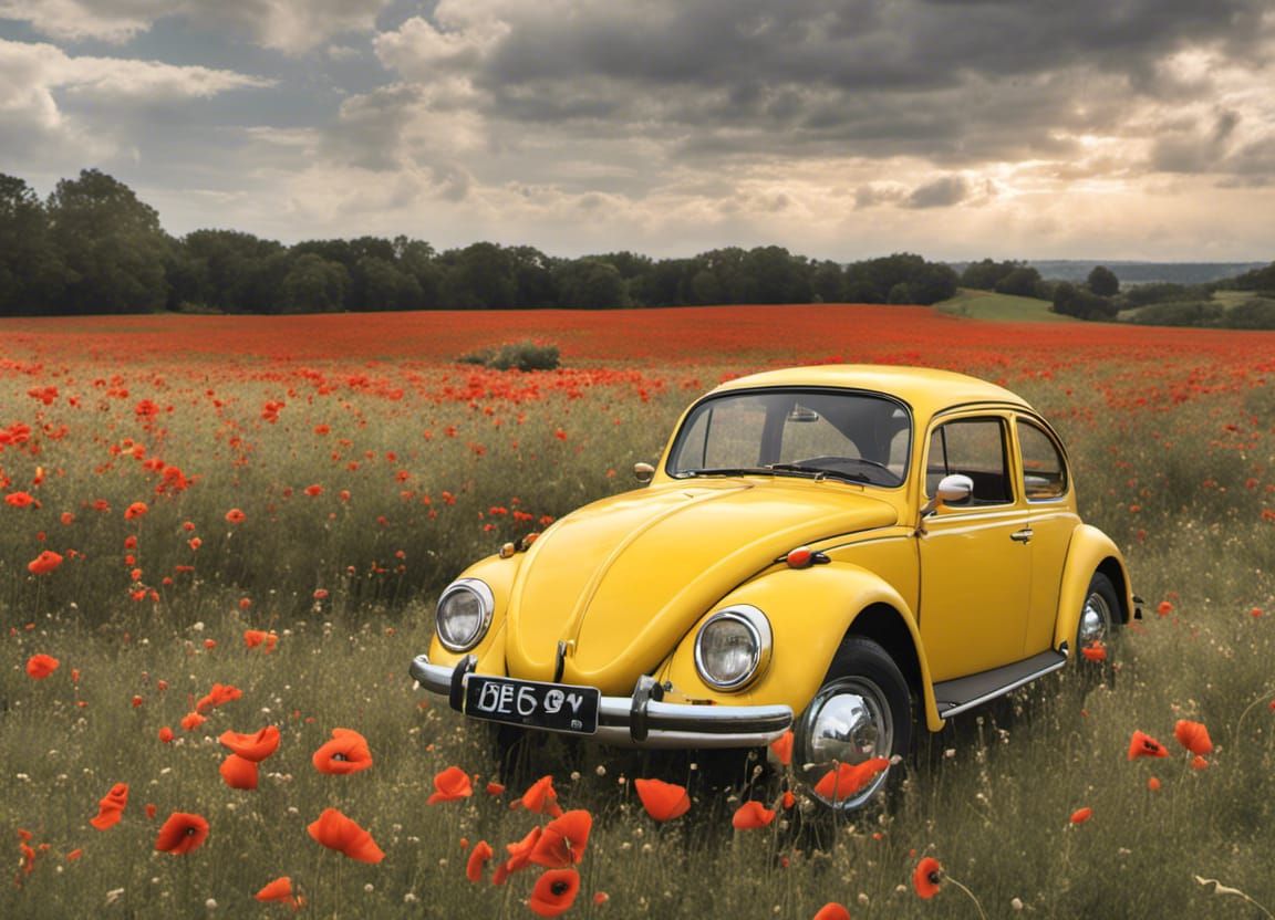 Yellow VW Beetle in a poppy field - AI Generated Artwork - NightCafe ...
