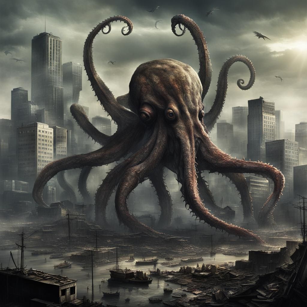 {Post apocalyptic: 1.5} landscape, Distant shot, A giant monster of ...