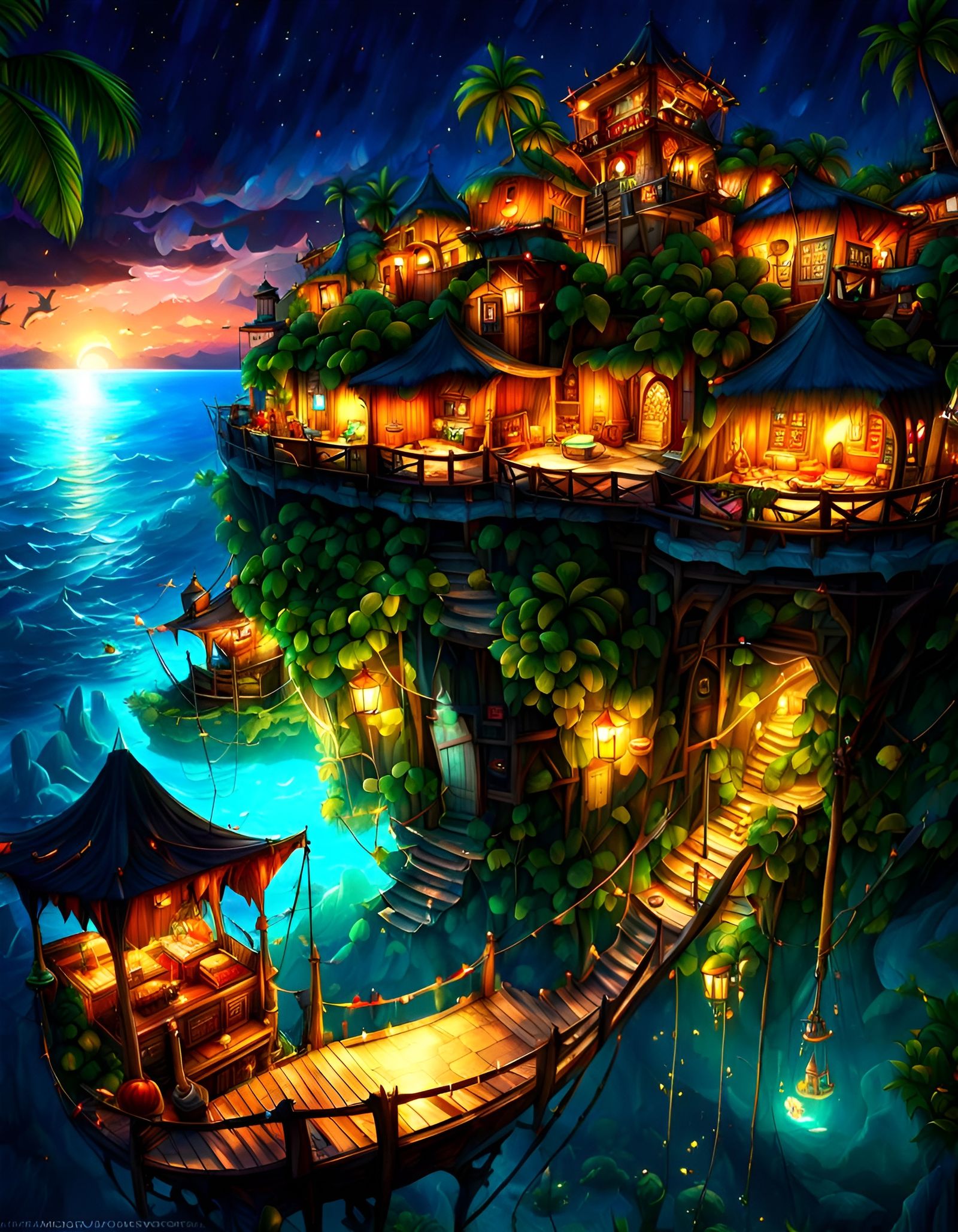 Oasis Isle Town Night - AI Generated Artwork - NightCafe Creator