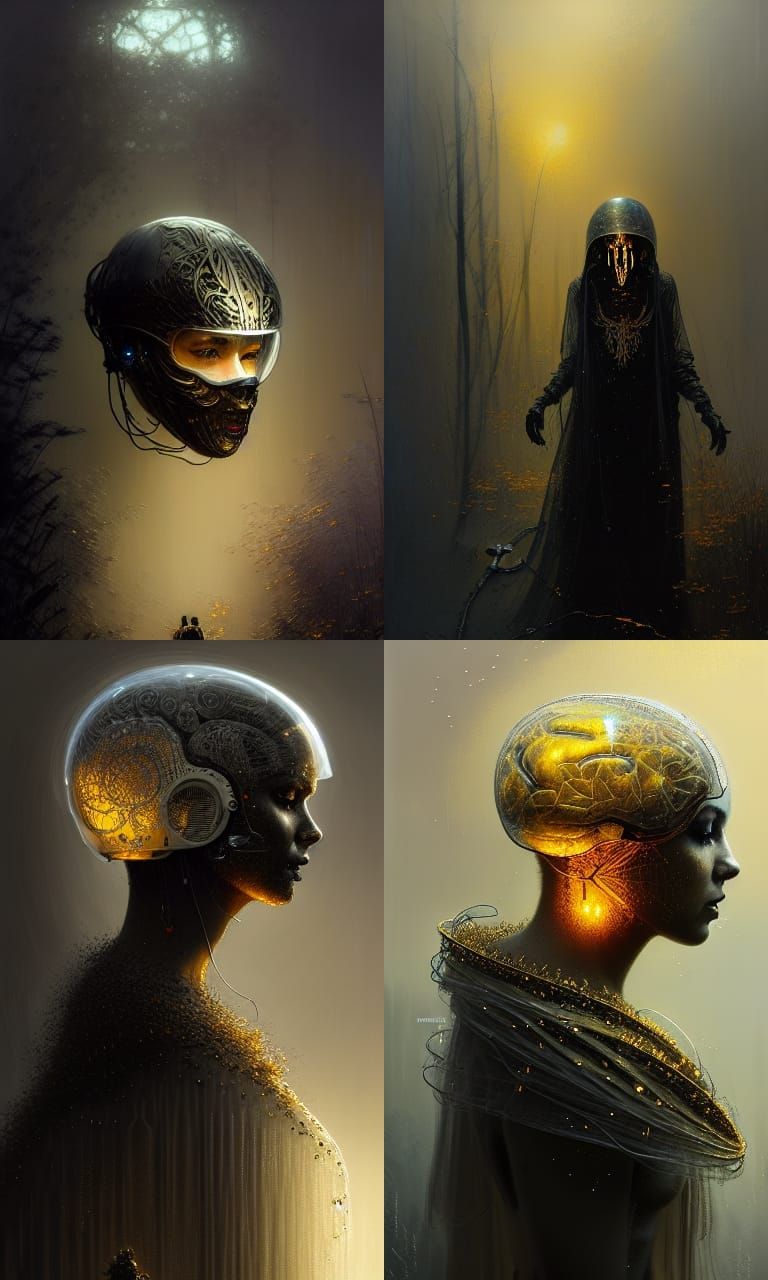 Translucent transparent brain implant horror helmet, intricate cloak ...