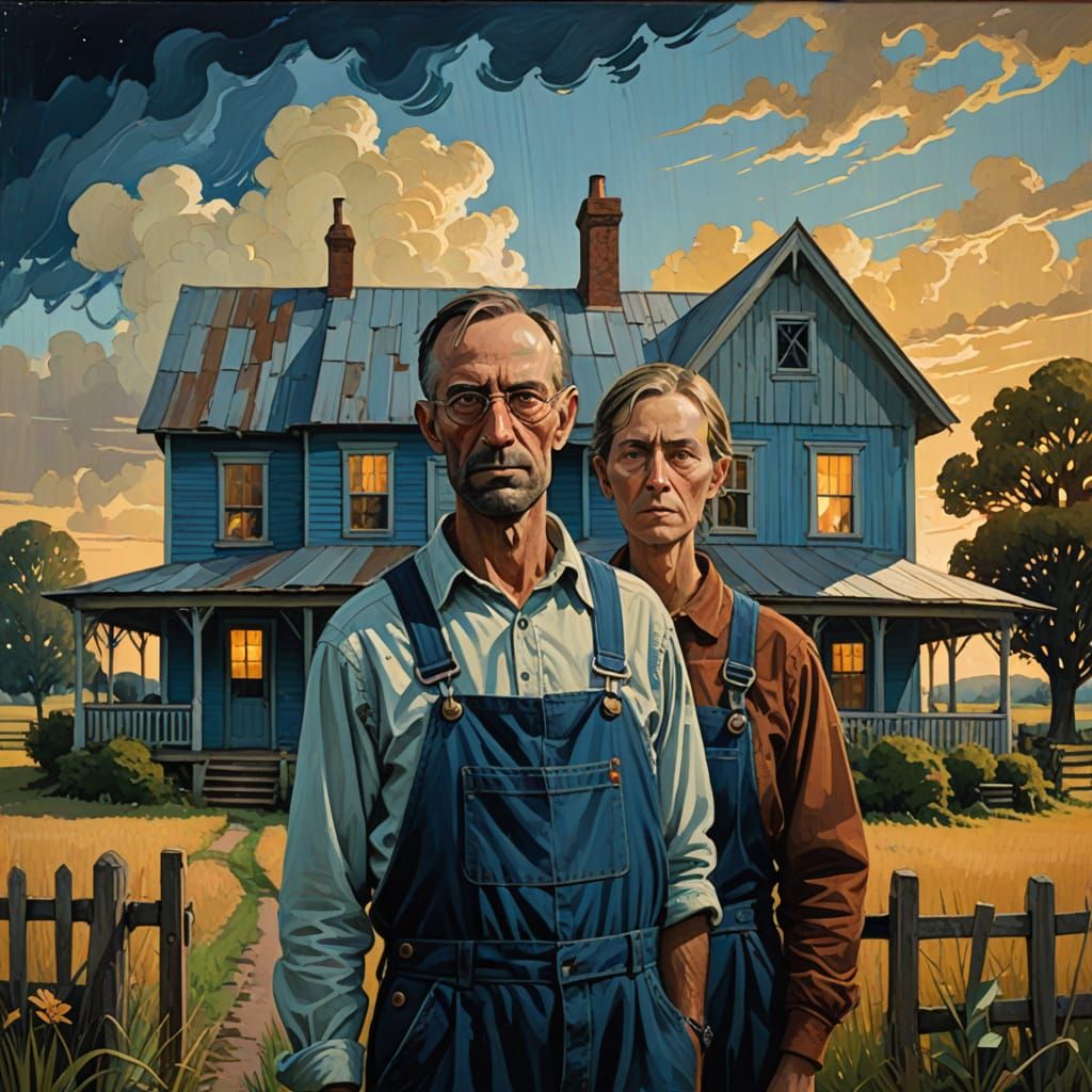 Gothic Farmhouse with Alien Farmer in Vibrant Goua... - AI Art