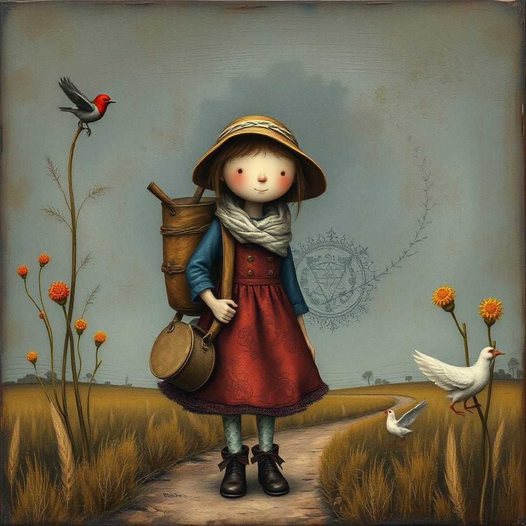 Whimsical Countryside Wanderer Portrait in Mixed M... - AI Art