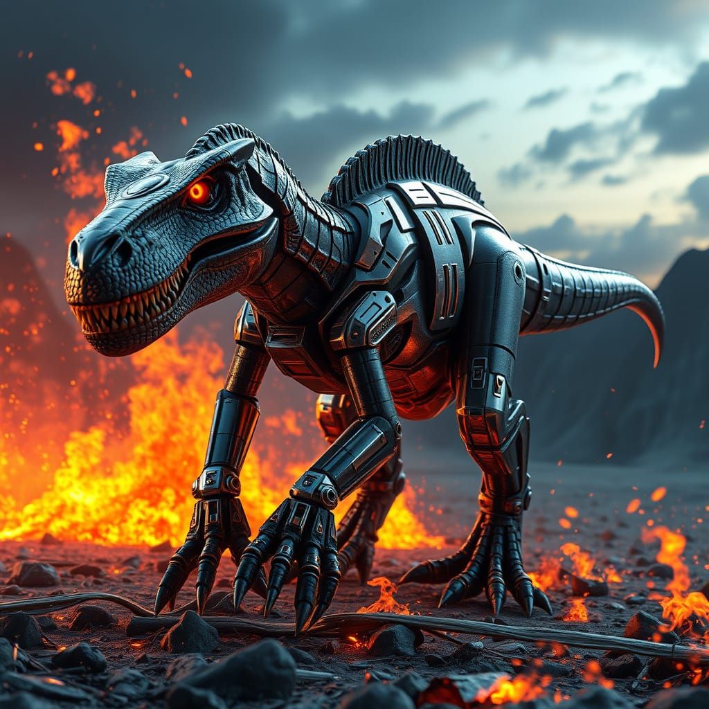 Sleek Metal Raptor in Fiery Inferno, Sci-Fi Landsc... - AI Art