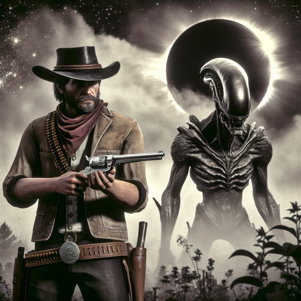 Cowboy Defends Against Alien in Dramatic Eclipse - AI Art