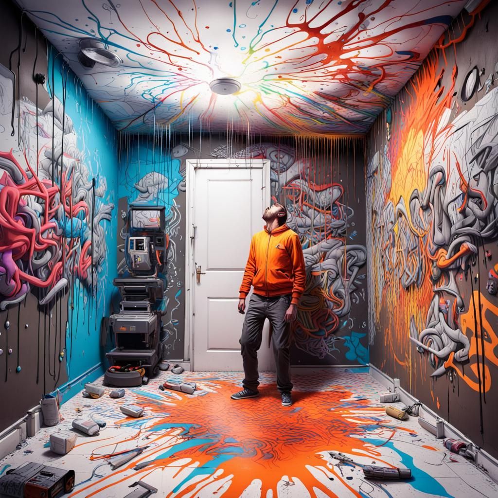 Man trapped in a room with his mind exploding with ideas, putting them ...