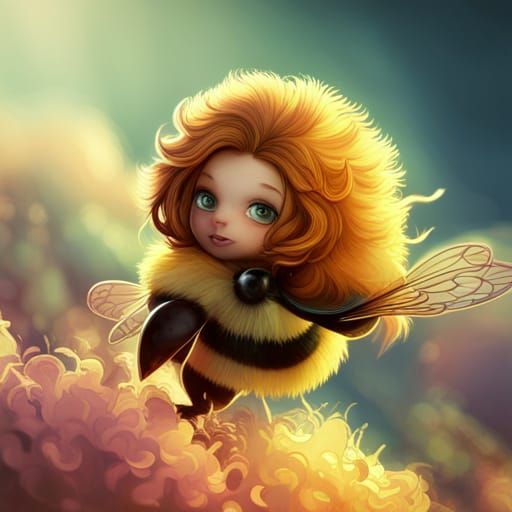 overdetailed close-up of a furry chibi happy bumble bee, polychromatic ...