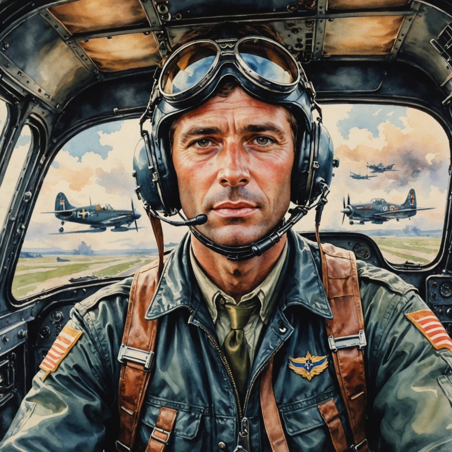 Vintage Pilot in Realistic Watercolor - AI Art