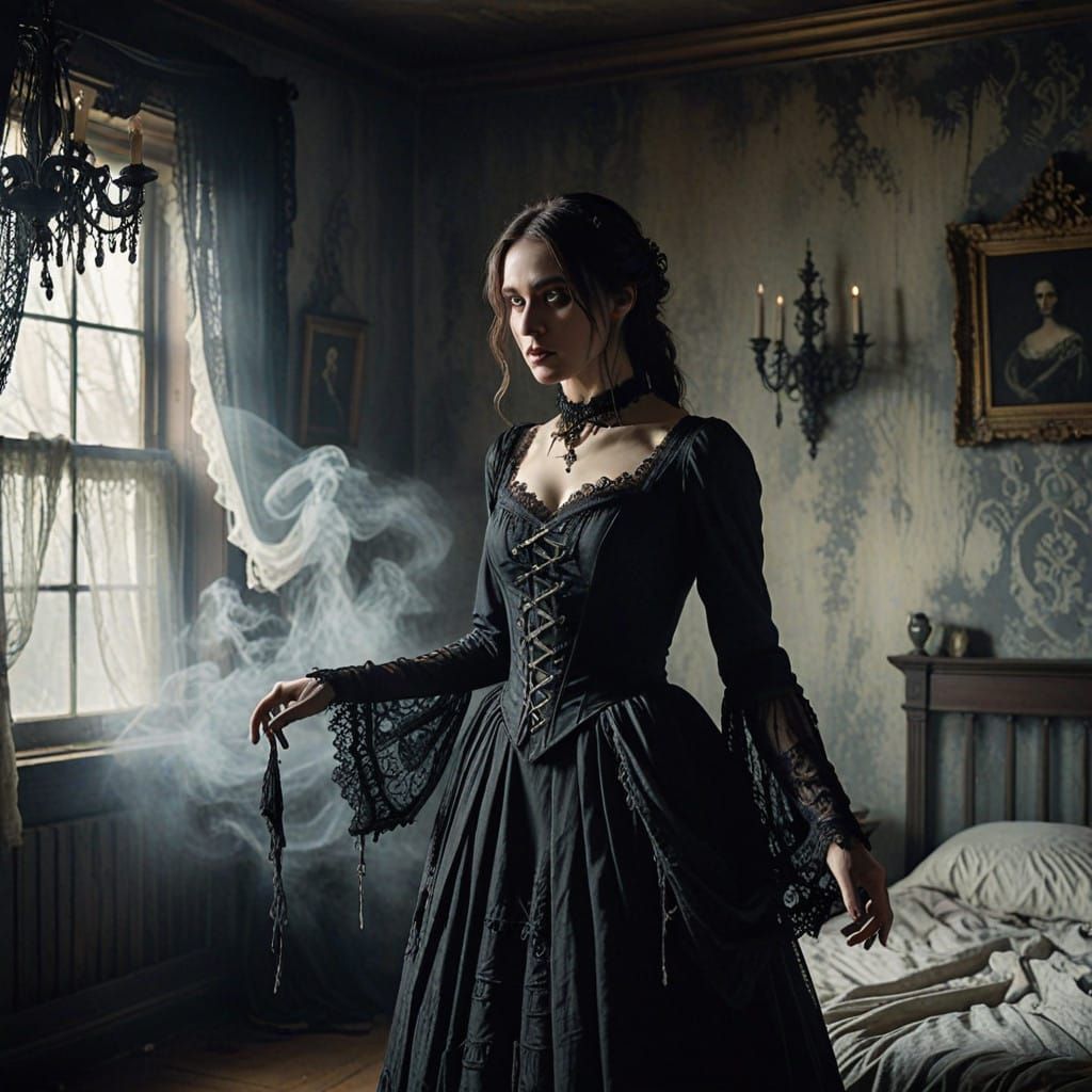 A haunting gothic ghost girl with tattered, Victorian-era attire and ...