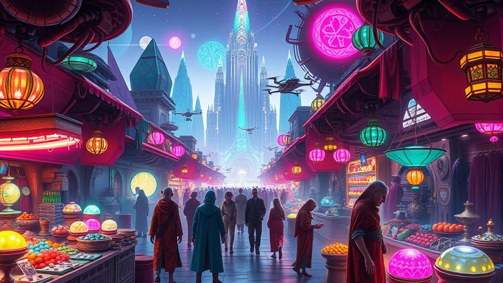 Bizarre Alien Bazaar in Futuristic Market Scene - AI Art