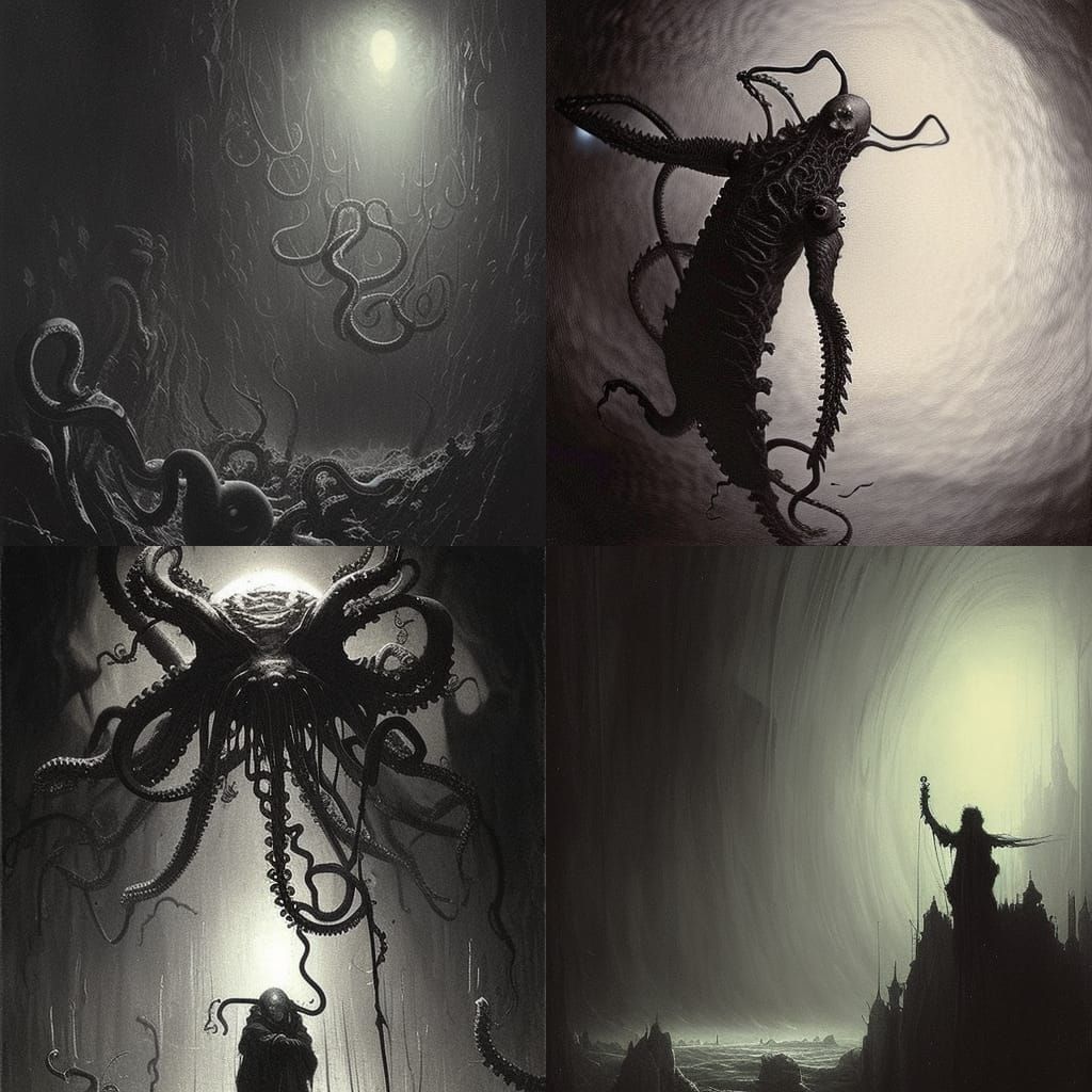 Ominous creature with multiple eyes and tentacles floating in a dark ...