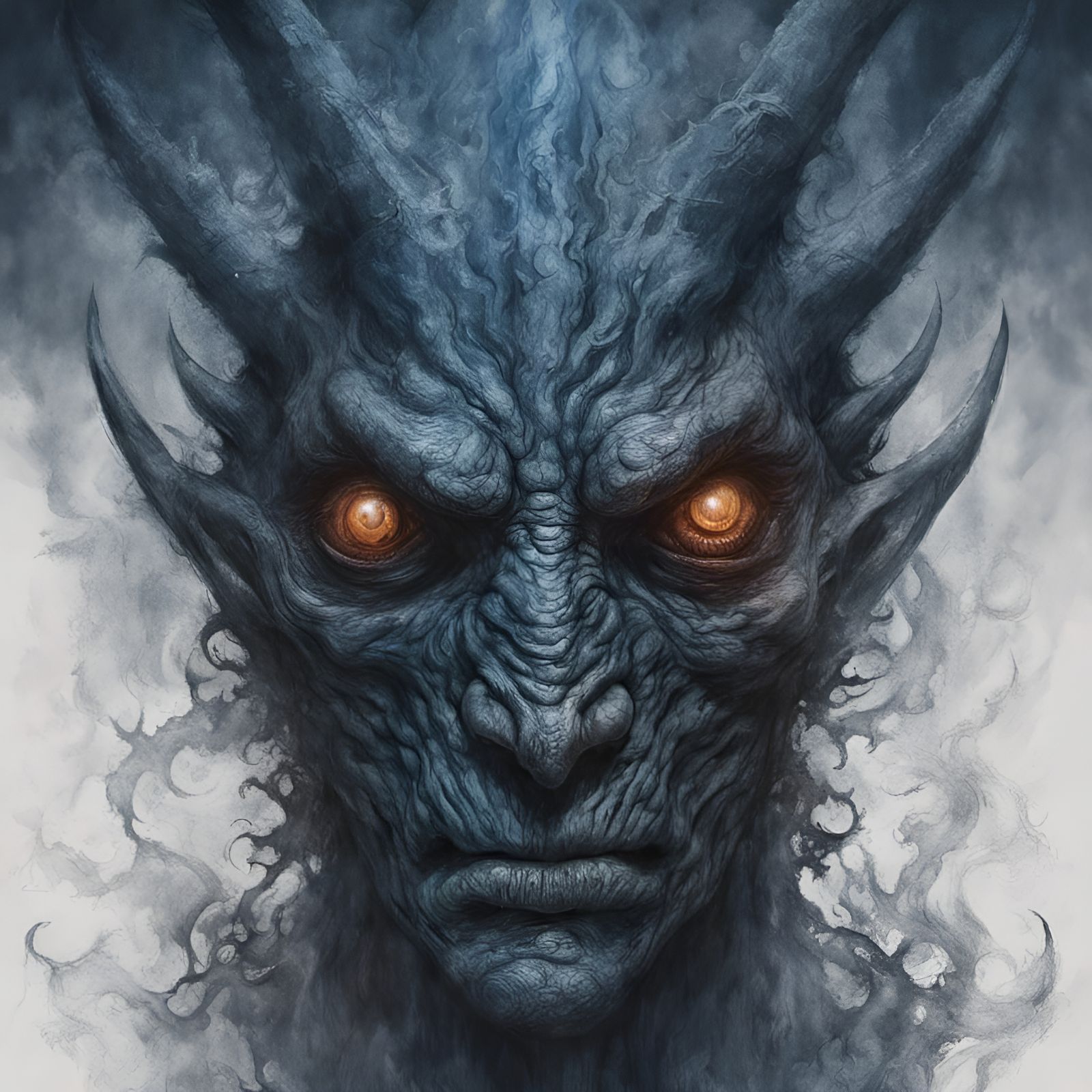 the scray creepy seven demon king deep blue mist in the style of Eerie ...