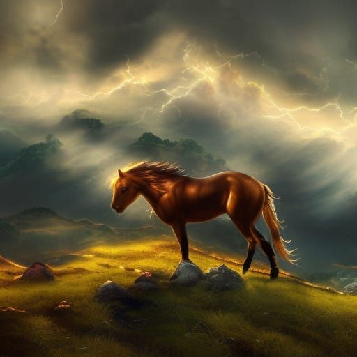Rising golden Stallion on top of hill overlooking valley with storm ...