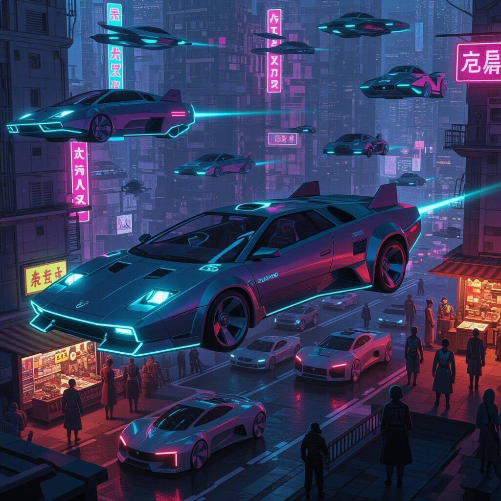 Dystopian Steed - Retro-Futuristic Flying Car Over Bustling ...
