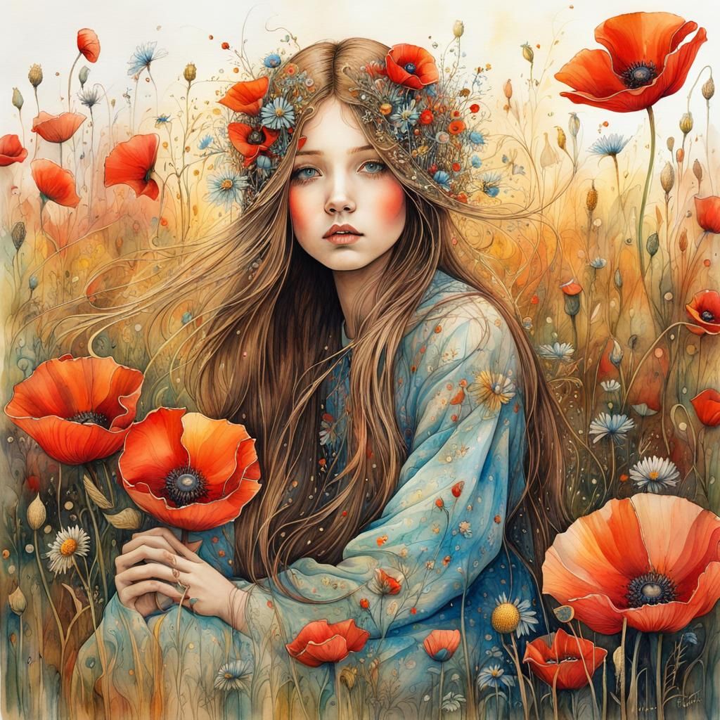 Girl in Poppy Field - AI Generated Artwork - NightCafe Creator