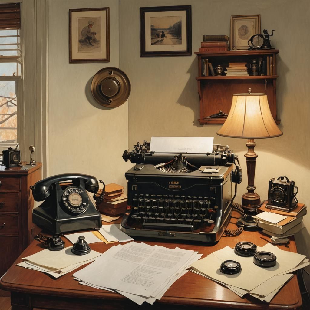 art by Norman Rockwell, Edward Hopper, cozy vintage study room ...