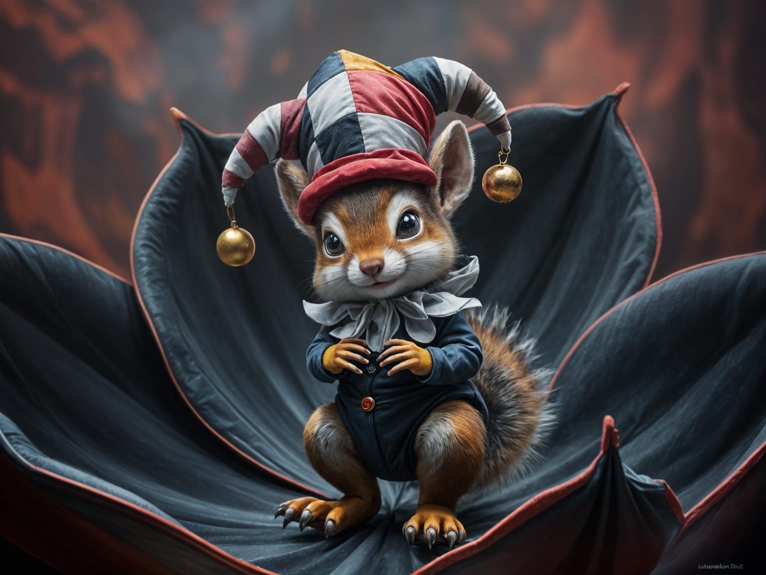 Jester Squirrel performs for nuts - Surreal Harlequin Squirr...